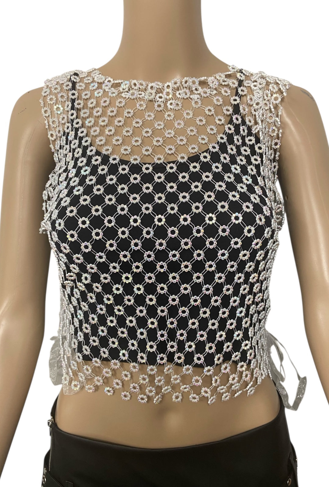 White Lace Up Crystal Mesh Top Perth | Hurly-Burly