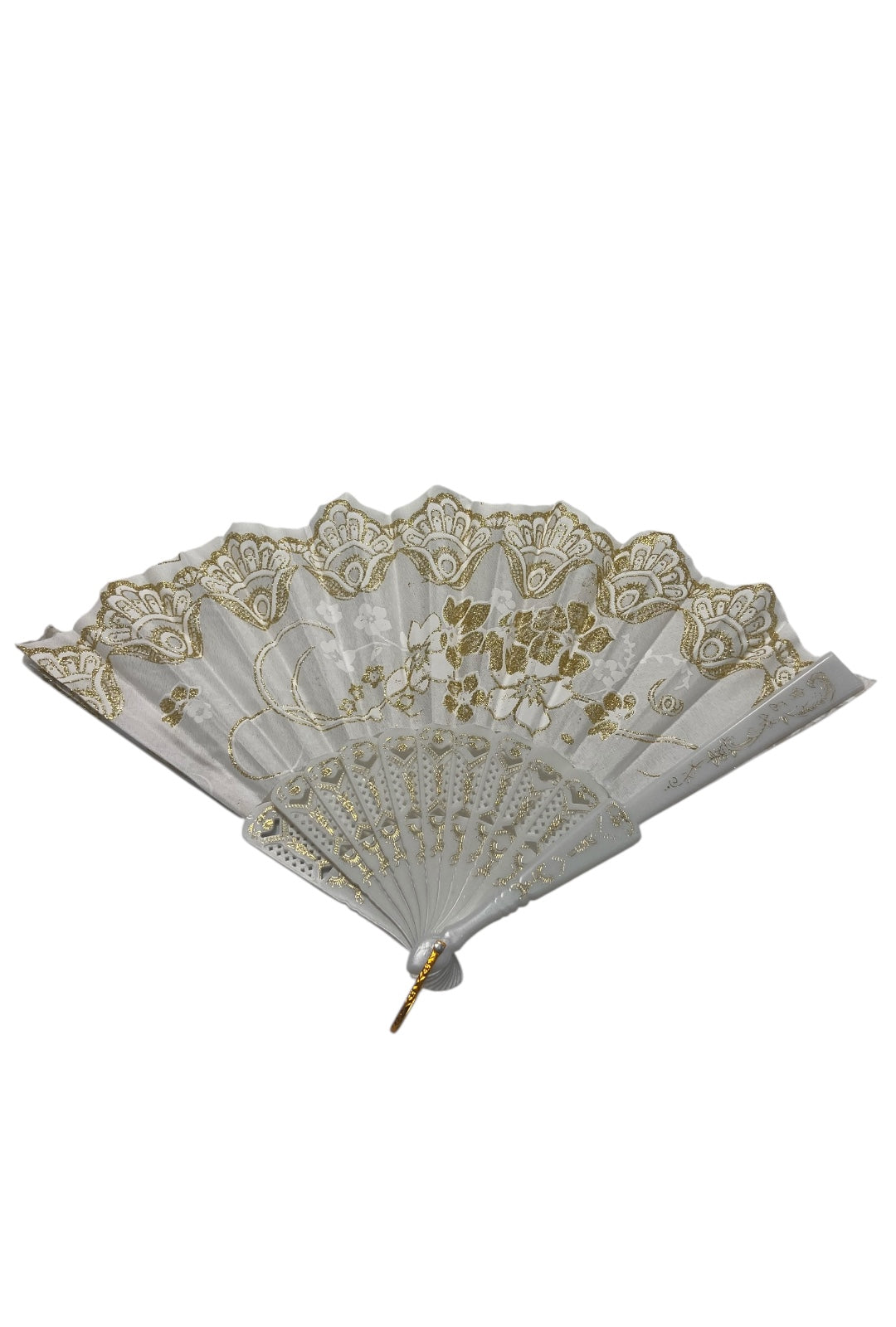 White and Gold Hand Fan With Gold and White Flowers Perth | Hurly-Burly