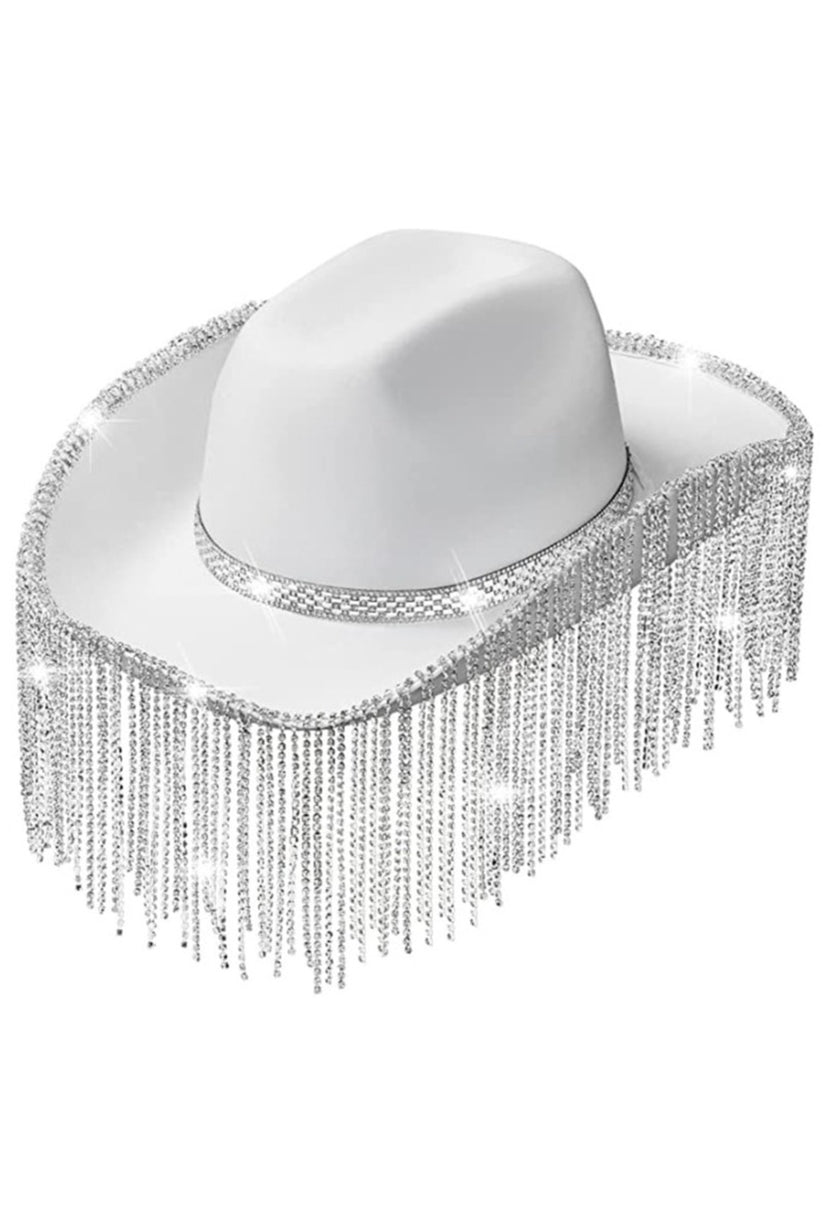 White Long Diamanté Tassel Cowboy Hat Perth | Hurly-Burly